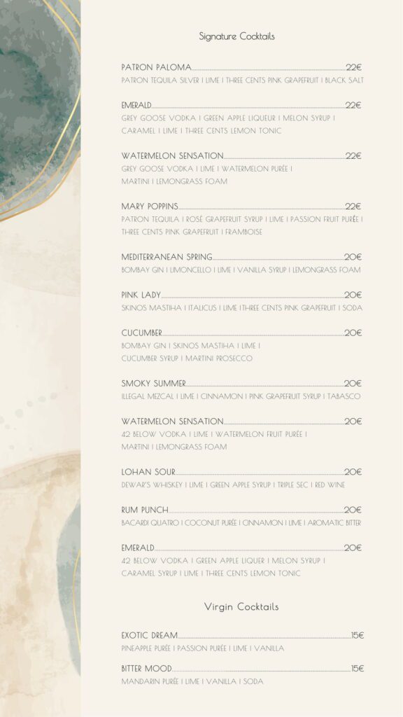 Menu - LOHAN Beach House Mykonos